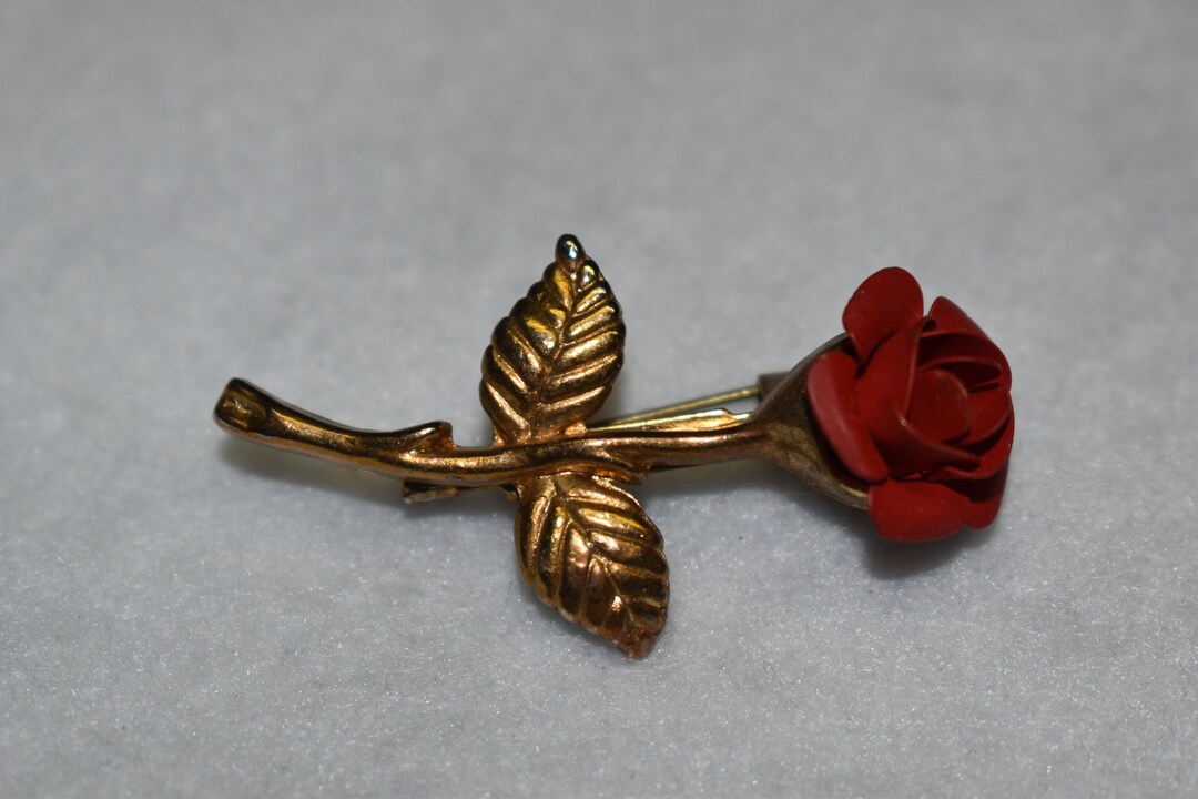 Vintage Red Rose Pin, Red Rose Brooch, Gold Tone Rose Pin - Etsy
