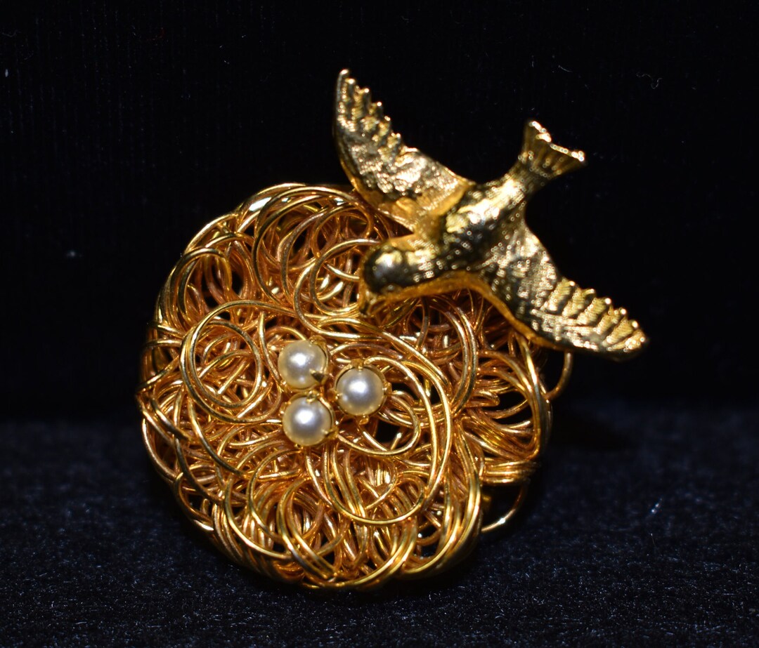 Rare Gold Tone Wired Bird Nest W/pearl Eggs, Swallow Bird Nest Pin ...