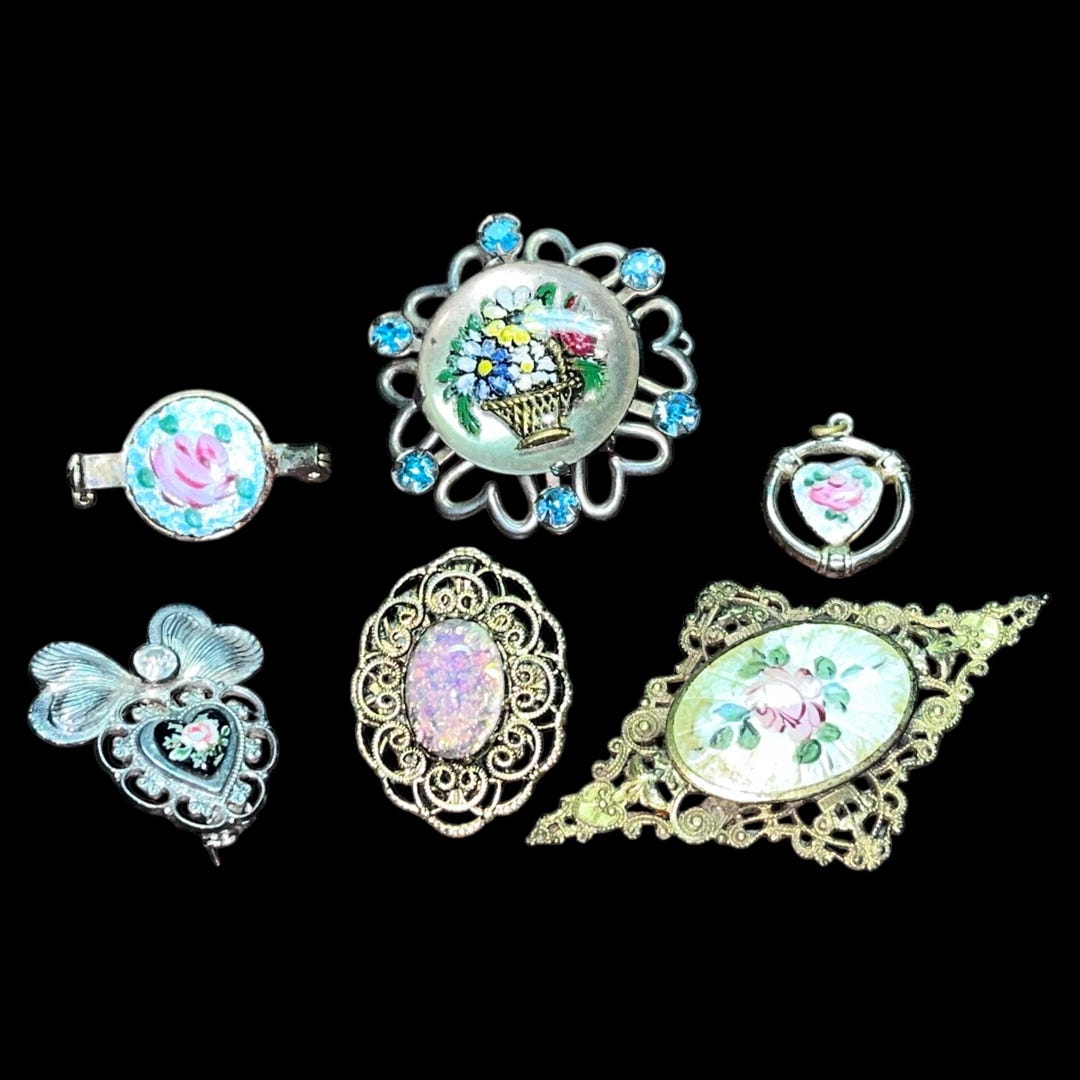 Vintage Enamel Rose Pin, Brooch, Pendant, Reverse Painted Glass Pin ...