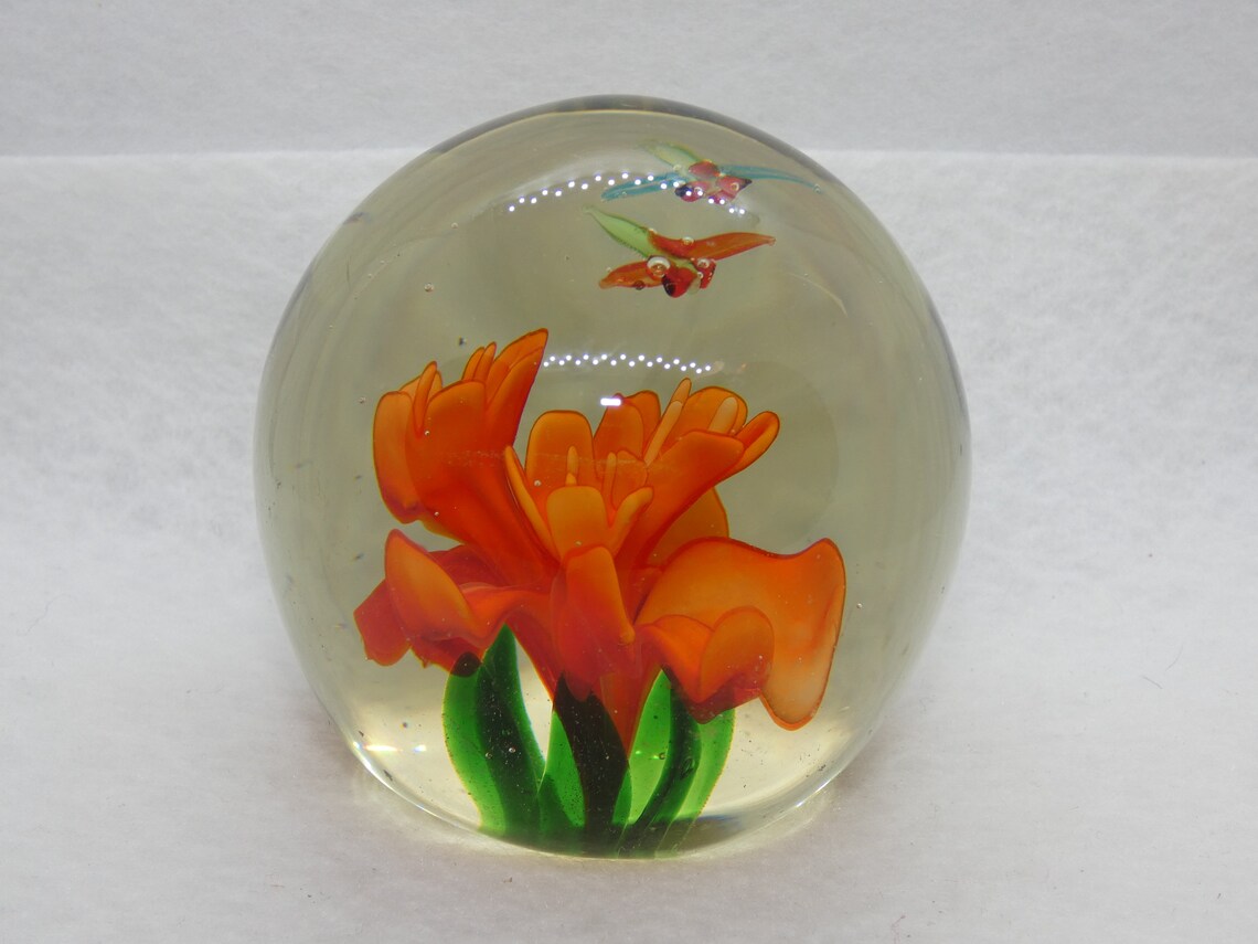 Vintage Glass Paperweight Orange Flower Little Dragon Flies - Etsy
