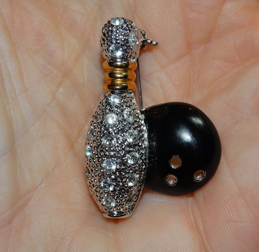 Vintage Bowling Ball & Pin Brooch, Pendant, Silver, Gold, Rhinestone ...