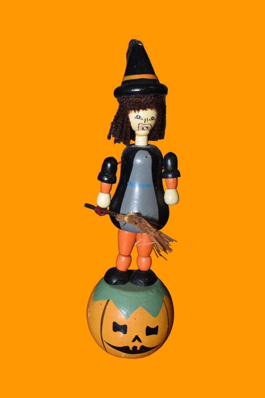 Vintage Halloween Pumpkin Witch Push Puppet, Collapsing Push Puppet ...