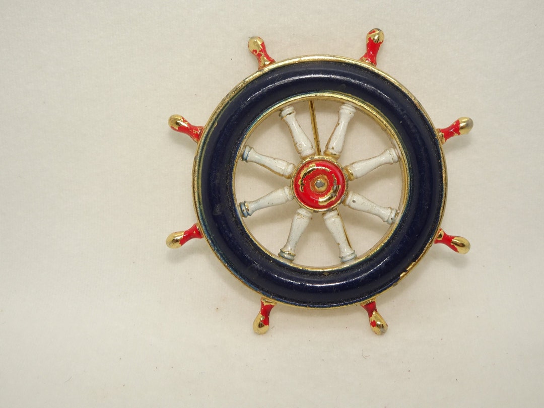 Vintage Mid Century Gold Tone Ships Wheel Pin, Patriotic Jewelry ...