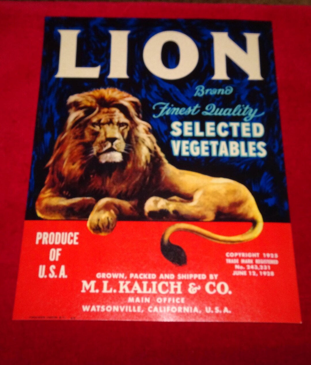 1925 Fruit Box Label original LION Crate Label Selected Vegetables ...