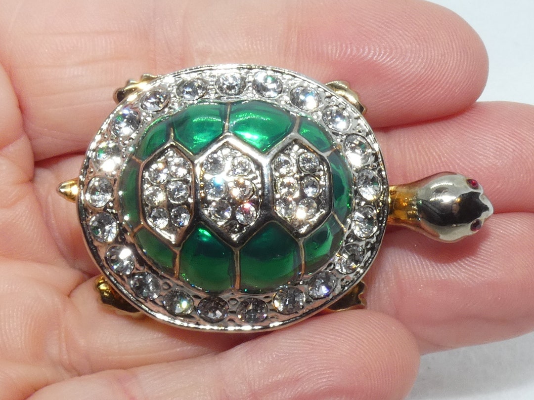 Vintage Enamel & Rhinestone TURTLE Brooch, Gold Tone Emerald Green ...