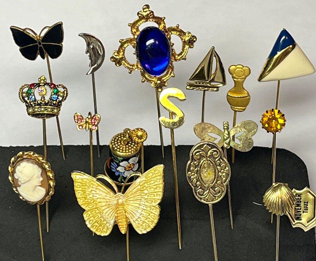 Vintage Stick Pin, Hat Pin, Sweater Pin, Cameo, Butterfly, Tiger Eye ...