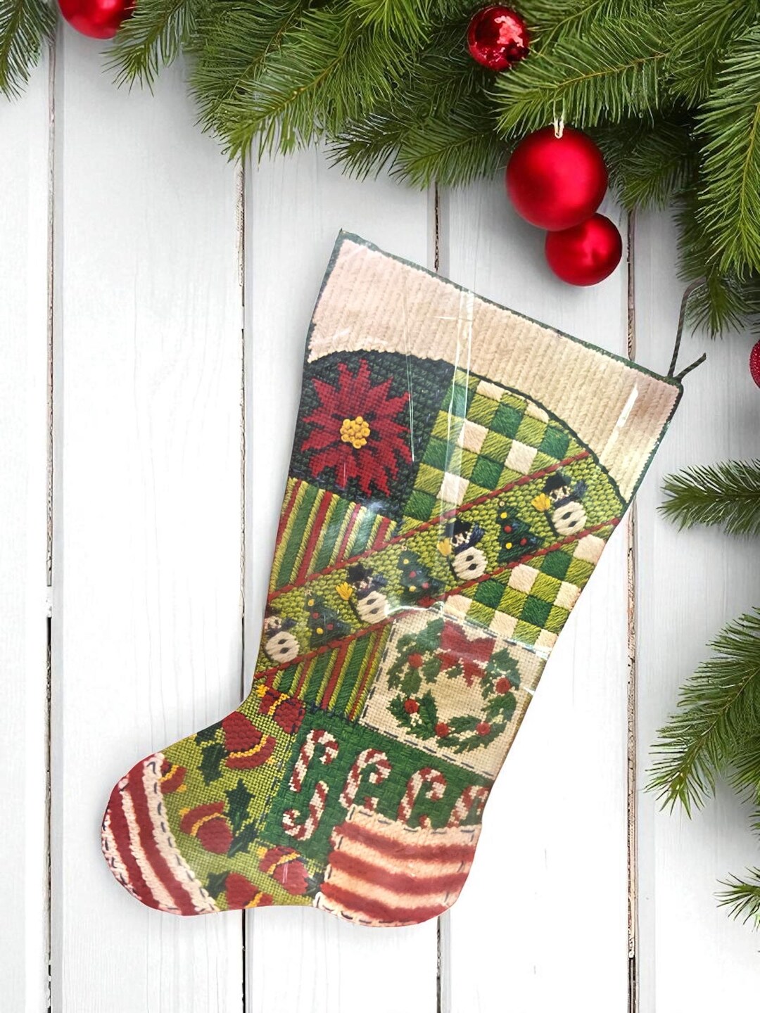 Vintage Christmas Needlepoint Stocking Pattern #60345, Patchwork Design ...