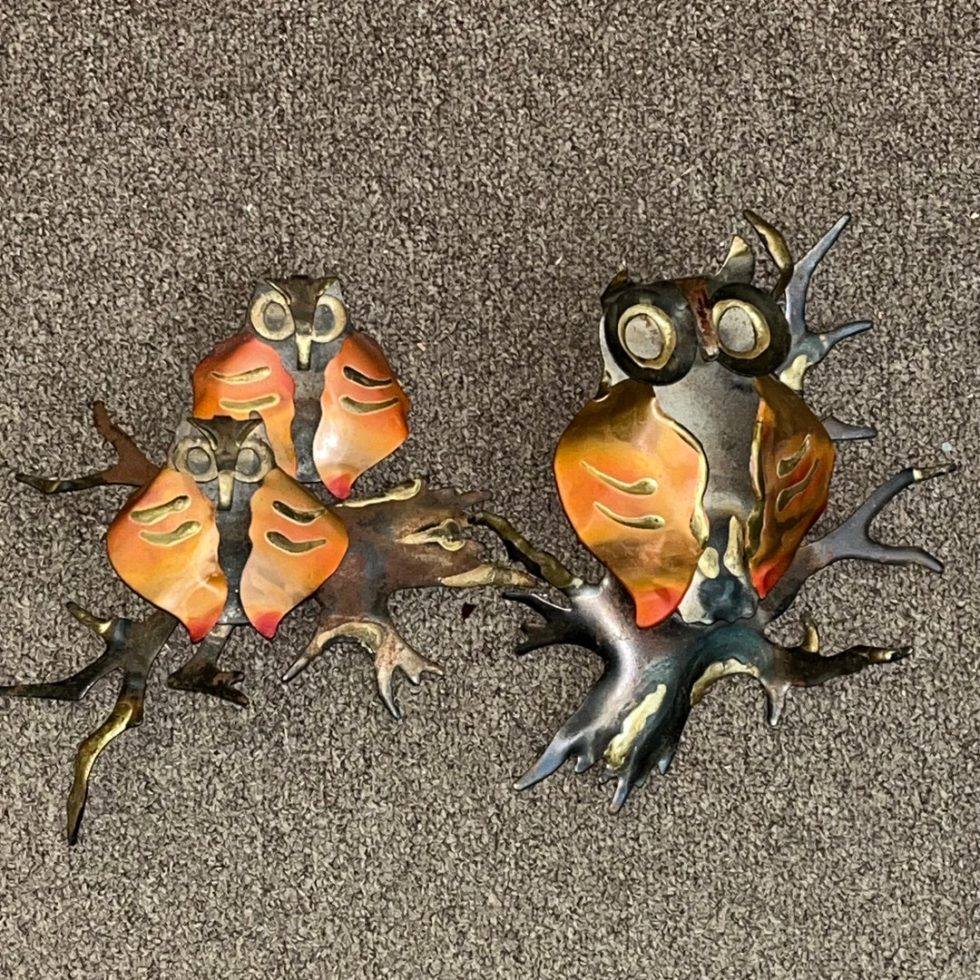 Mid Century Brutalist MCM Handcrafted Brutalist Torch Cut Owls on Tree ...