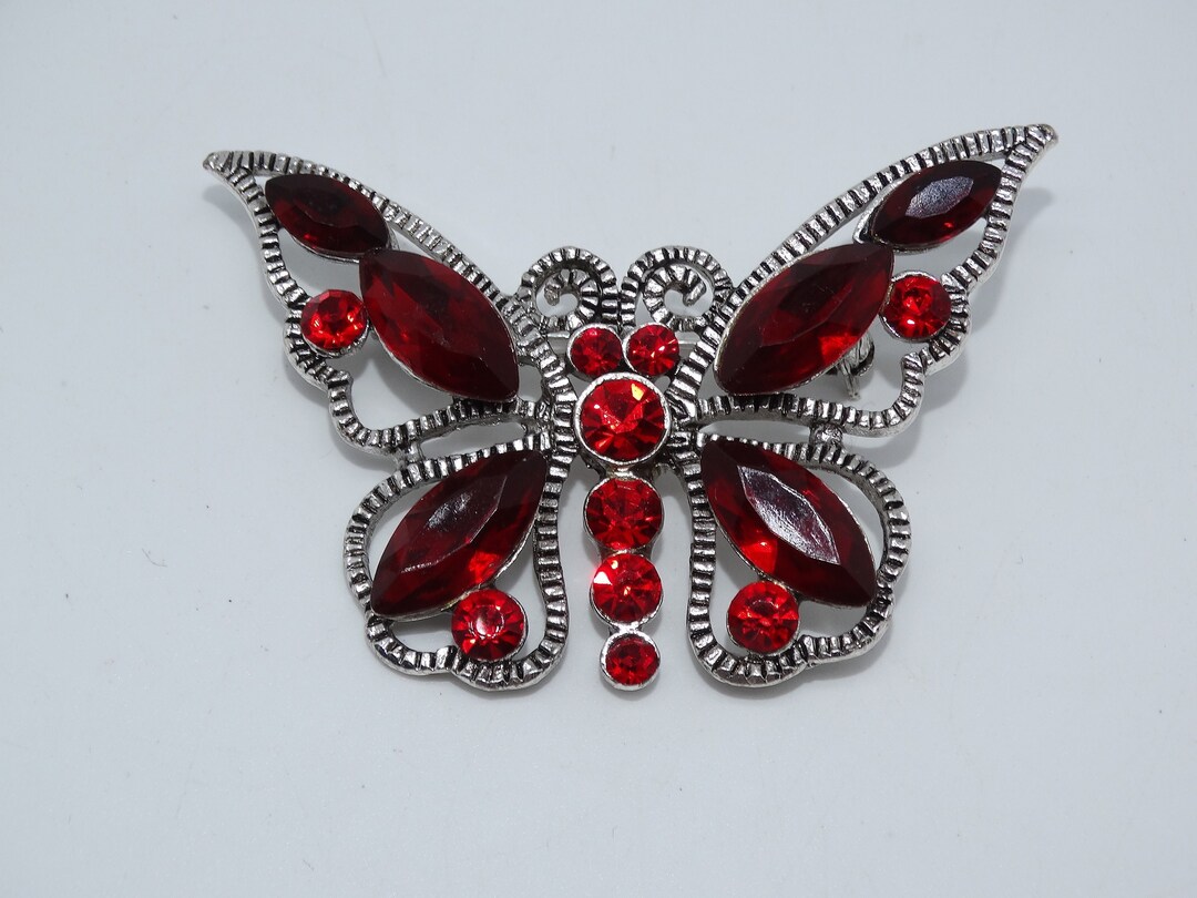 Vintage Silver Tone Ruby Red Butterfly Brooch, Christmas Butterfly Pin ...