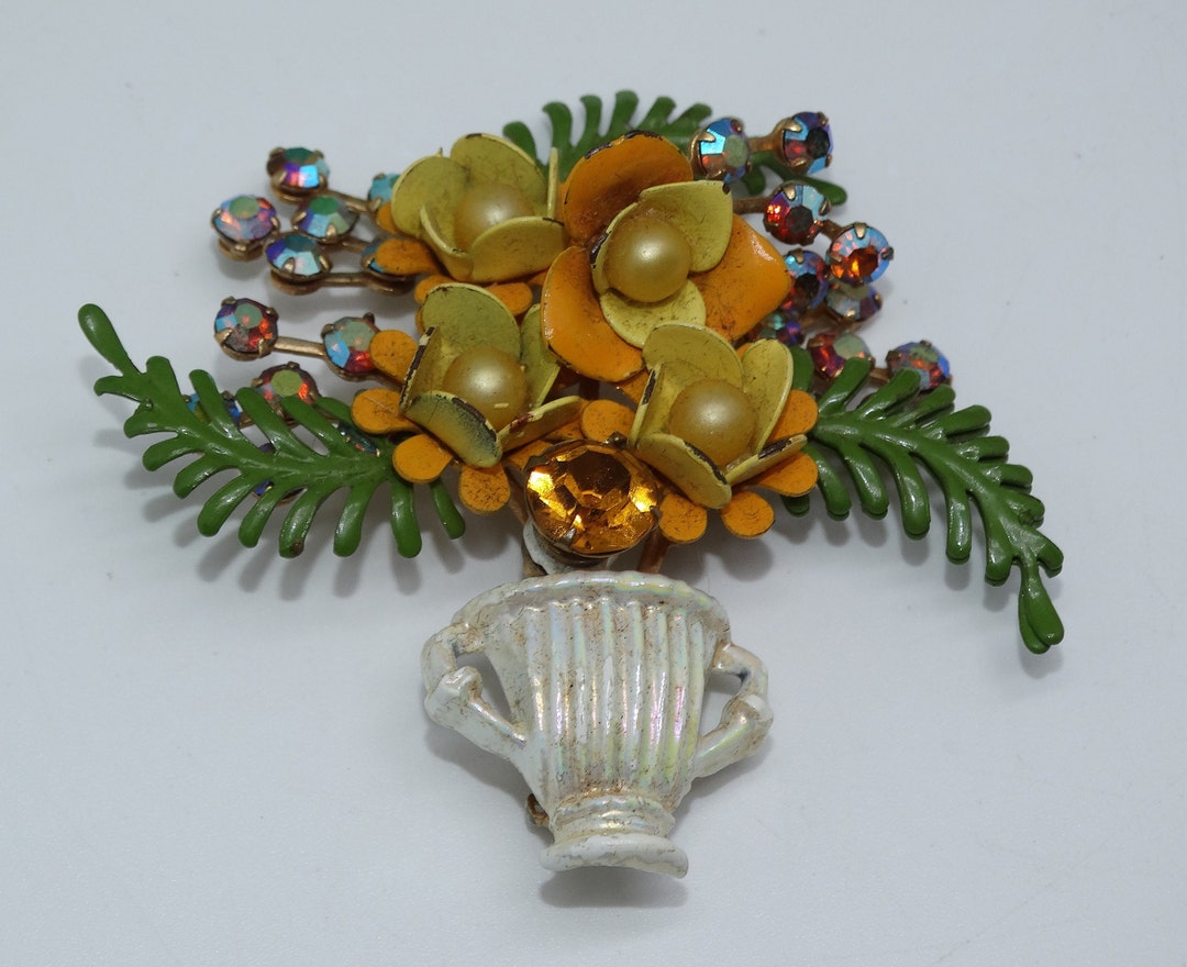 Vintage MCM Flower Vase Brooch, Golden Yellow Flowers, Rhinestones ...