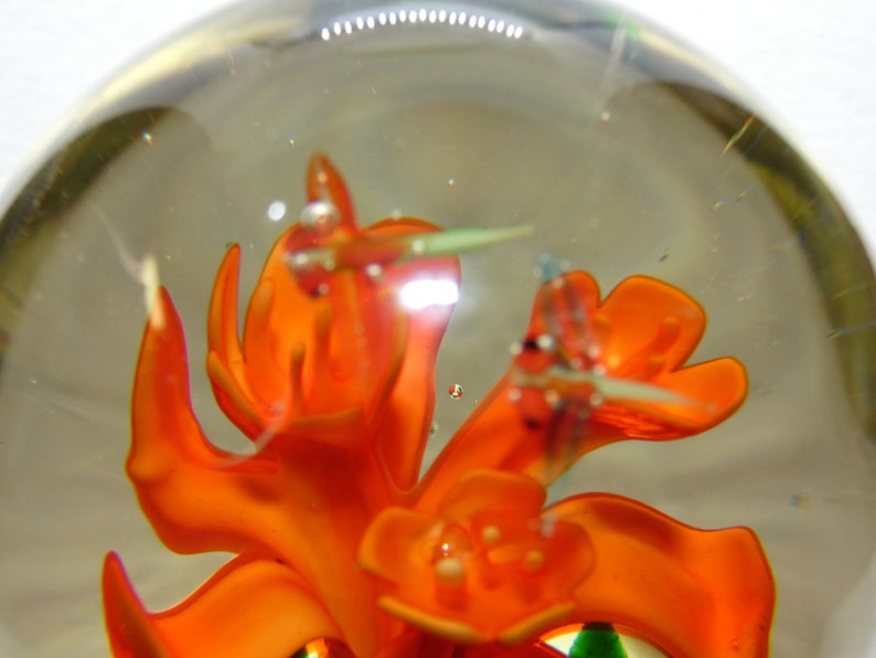 Vintage Glass Paperweight Orange Flower Little Dragon Flies - Etsy