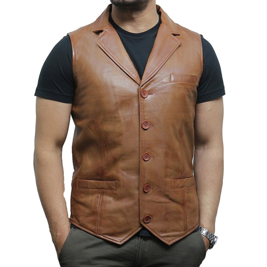 Men's Vintage Tan Smart Leather Waistcoat Designer Fit Slim - Vintage ...
