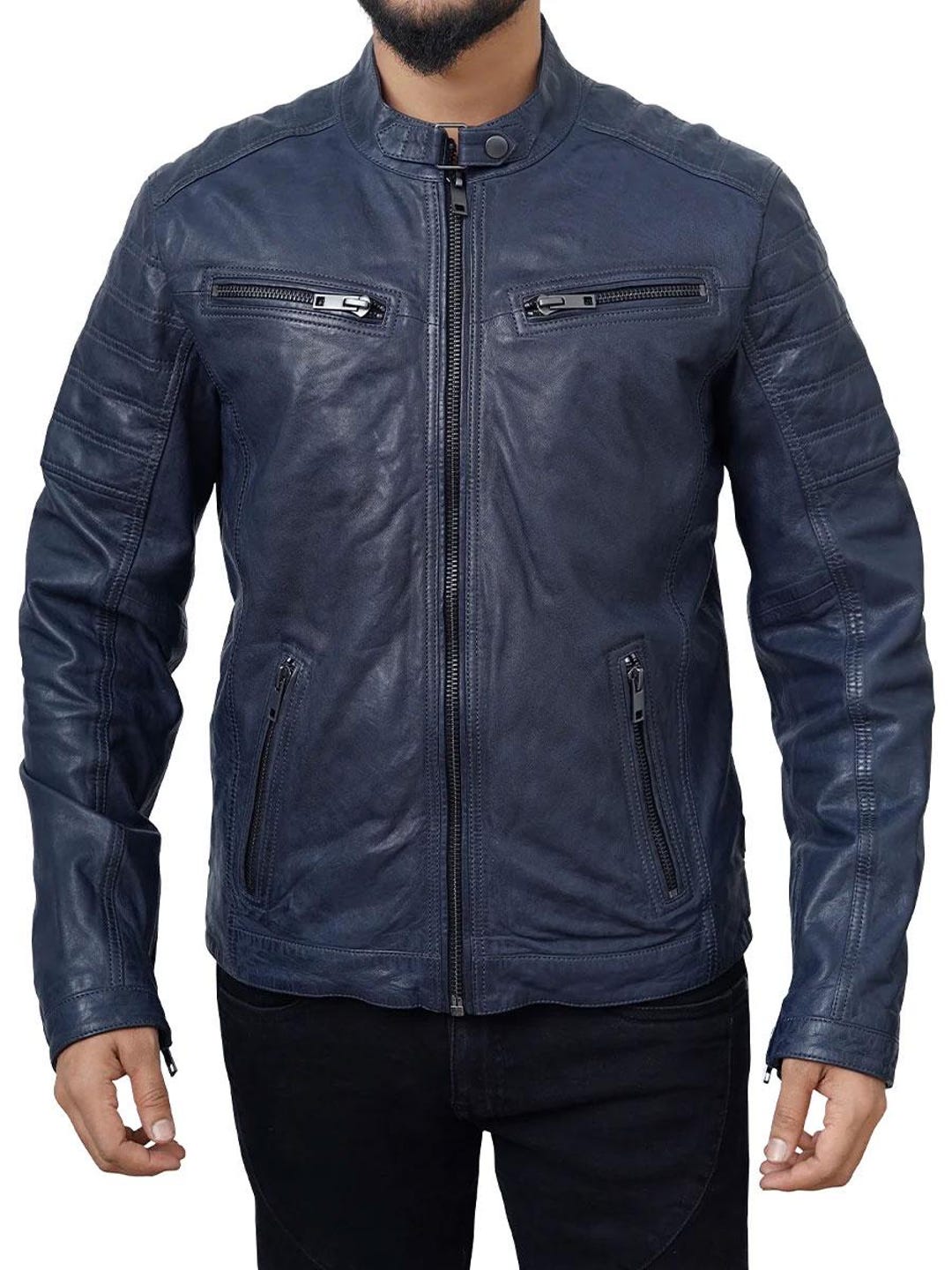 Men Café Racer Vintage Blue Leather Motorcycle Jacket, Men's Blue ...
