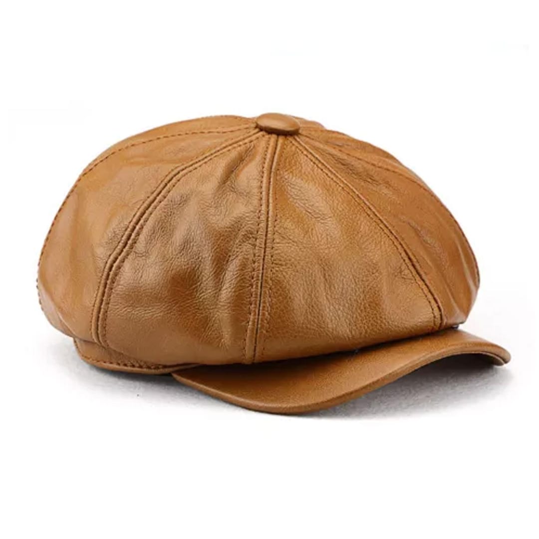 Leather Genuine 100% Cowhide Men's Buttoned 8 Panel Flat Cap ...
