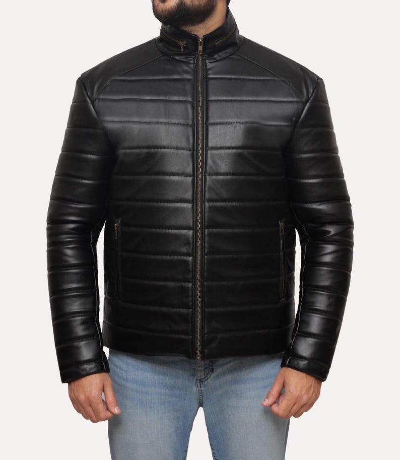 Mens Black Quilted Genuine Leather Jacket, Handmade Men Quilted Bomber ...