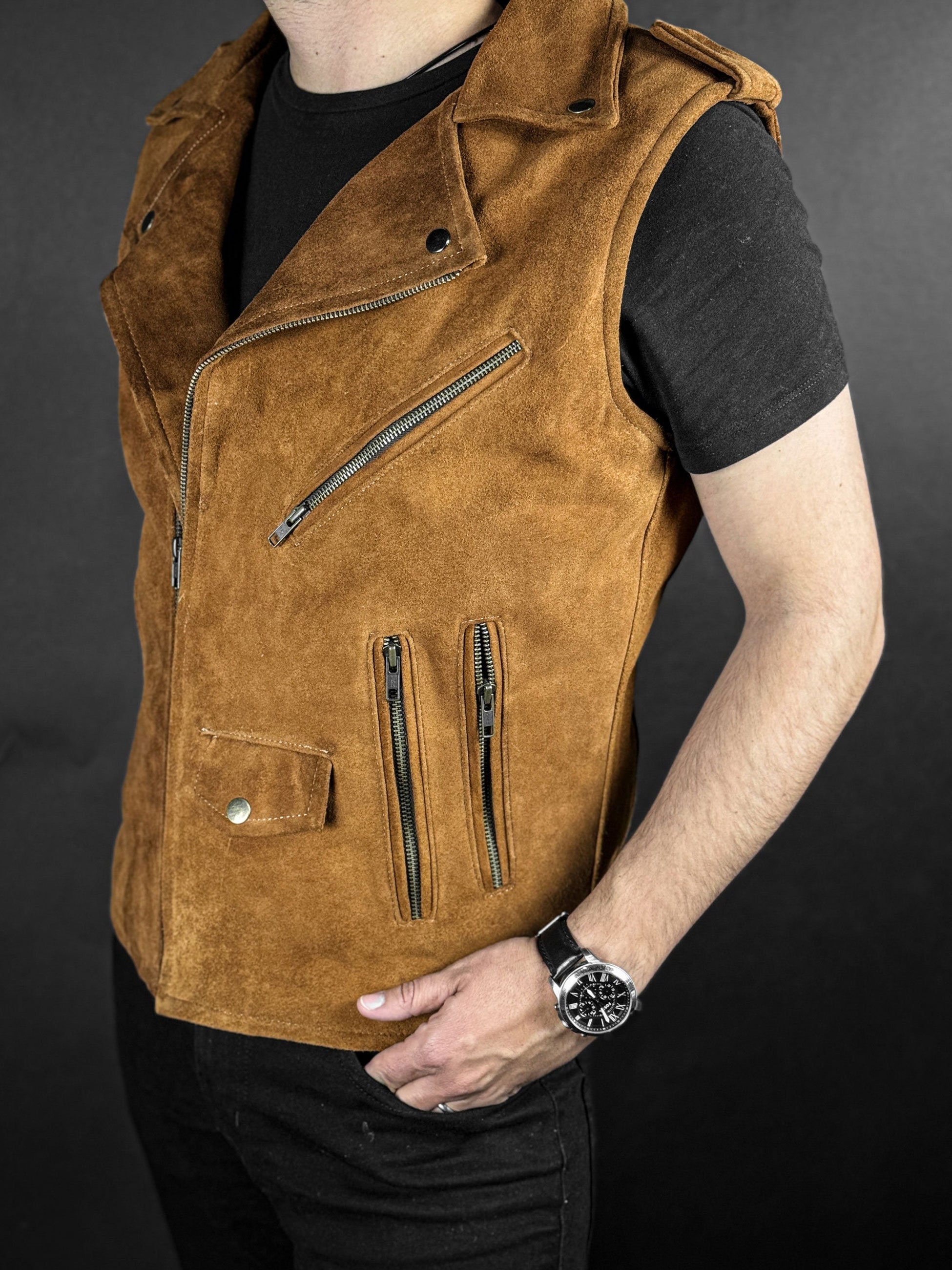 Men Suede Leather Vest, Real Suede Leather Western Cowboy Vest, Men's ...