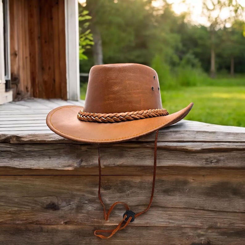 Mens Cowboy Bush Hat Tan Black Western Australian Style 100% Leather ...