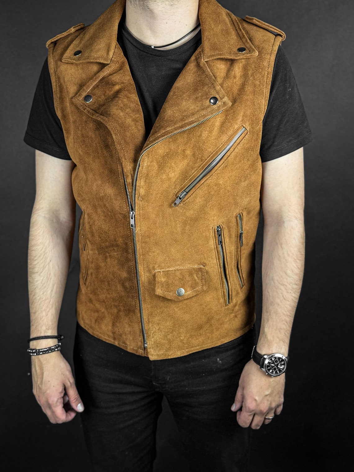 Men Suede Leather Vest, Real Suede Leather Western Cowboy Vest, Men's ...