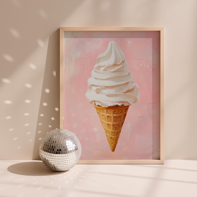 Pink Vanilla Ice Cream Cone Painting, Gelato Print, Ice Cream Poster ...