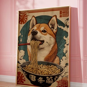 Vintage Dog Eating Ramen Noodles Poster, Japanese Retro Noodle Lover ...