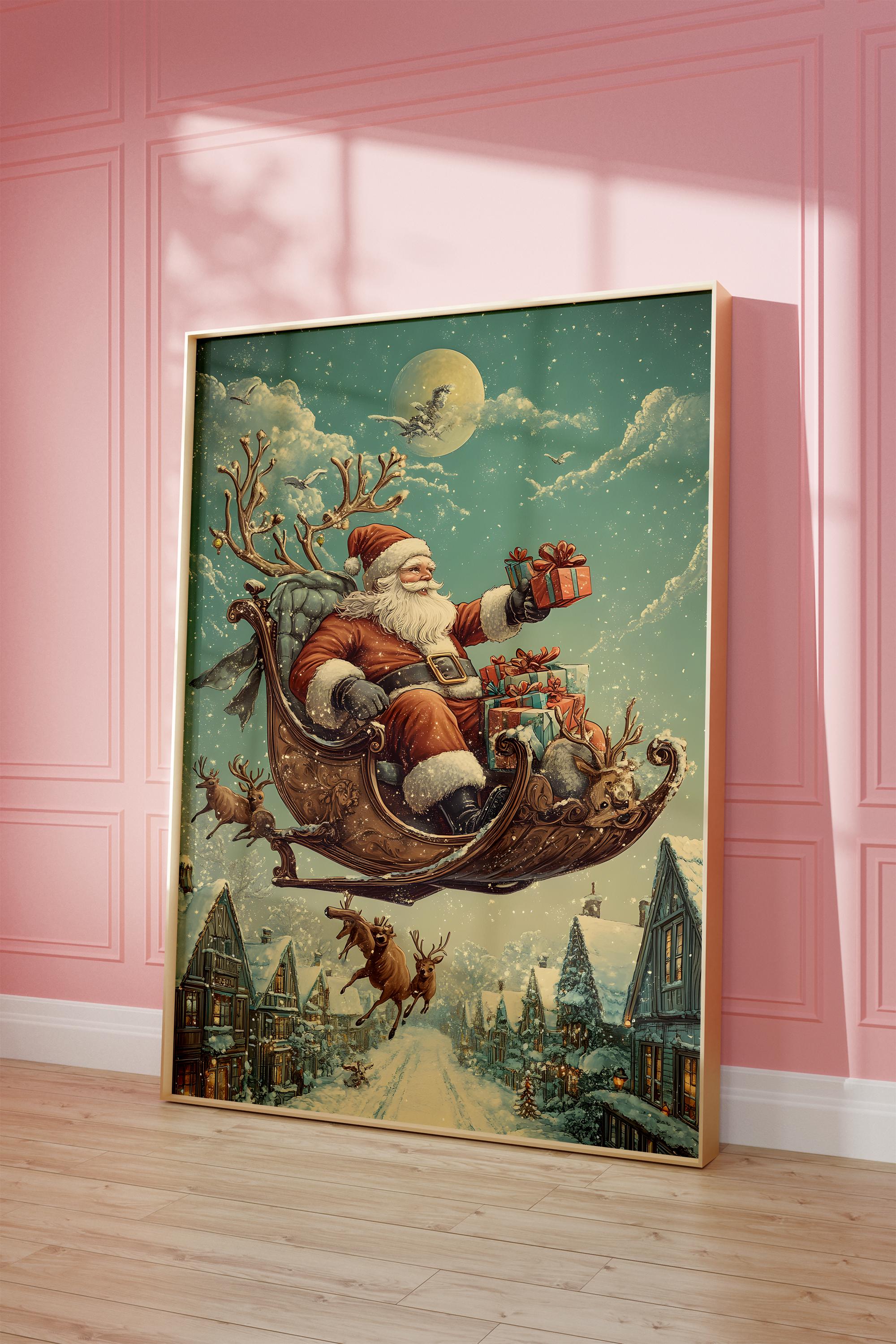 Santa Claus Print, Reindeer Painting, Christmas Decor, Santa's Sleigh ...