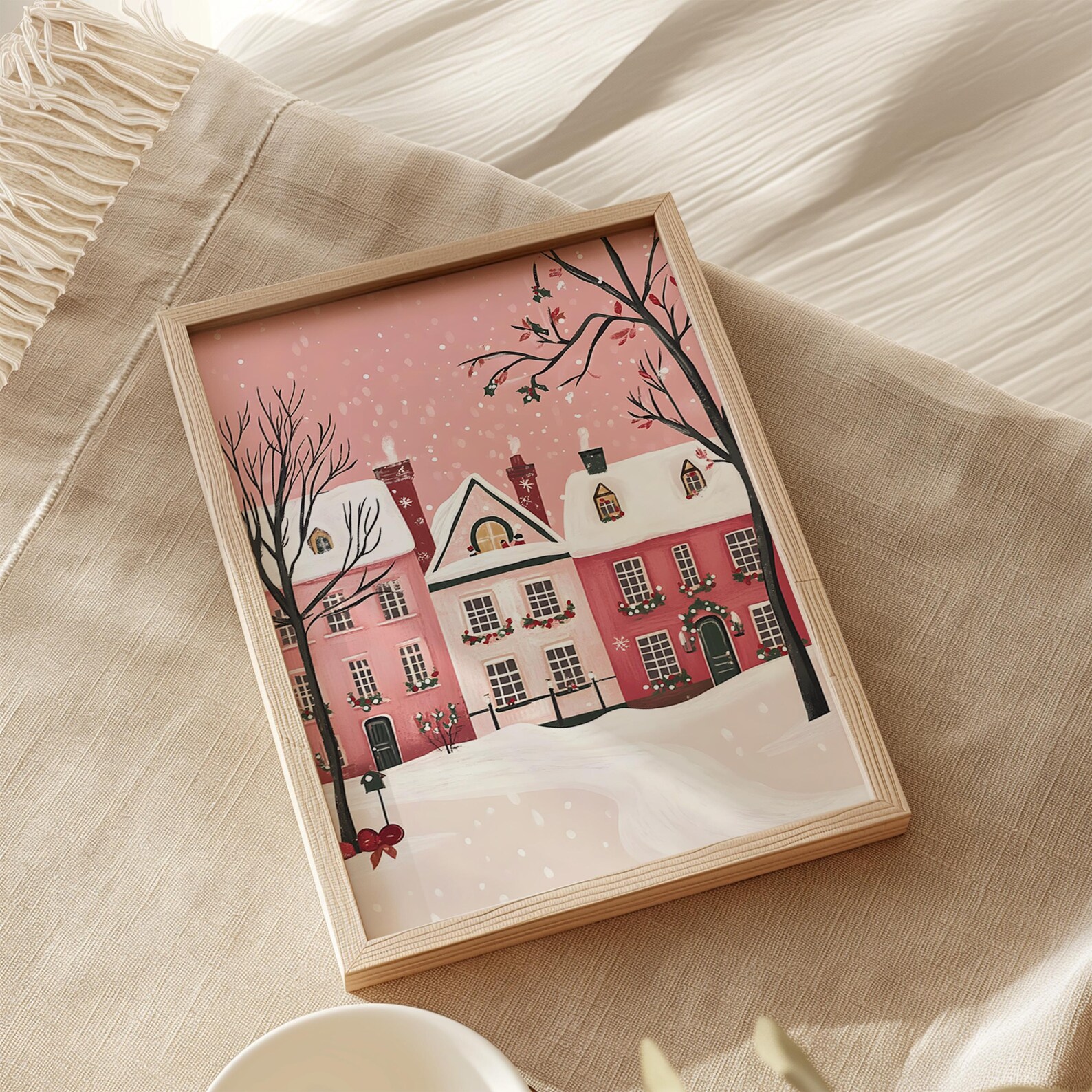 Pink Winter Village Christmas Art, Pastel Holiday Wall Art, Cute Xmas ...