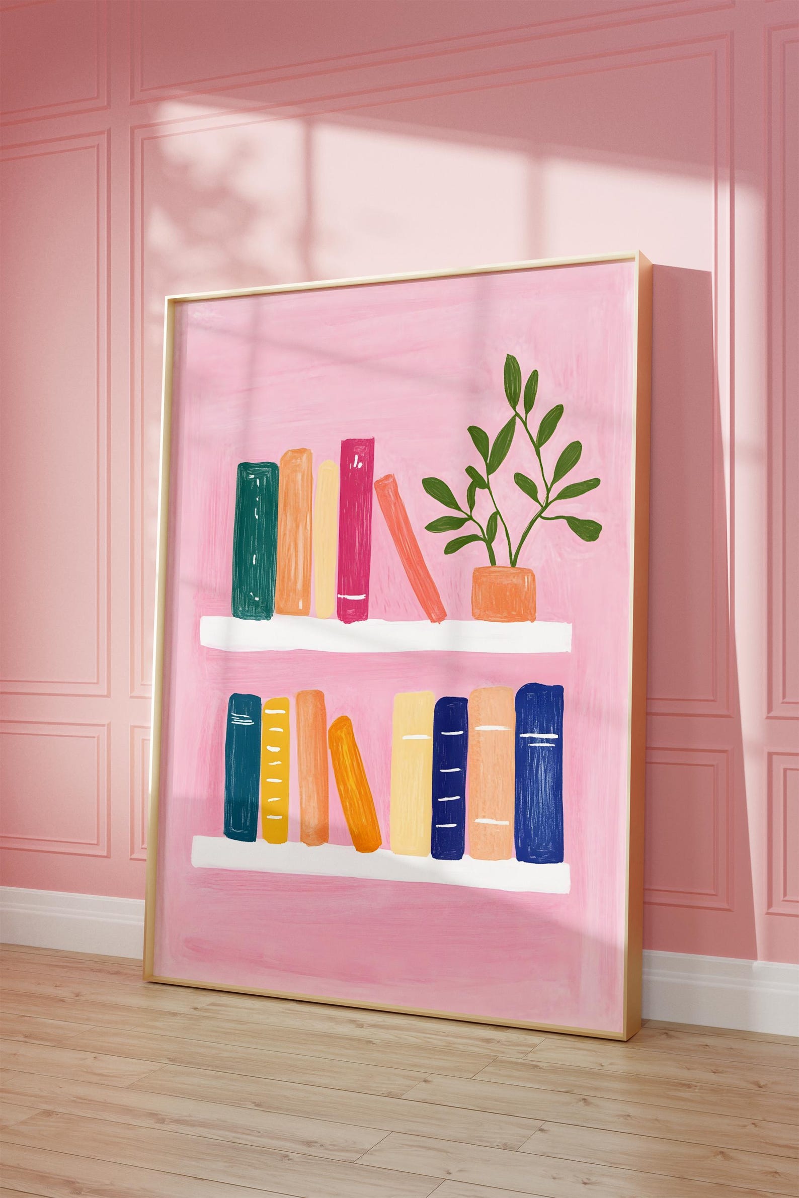 Pastel Bookshelf Wall Art, Pastel Girl's Bookshelf Painting, Library ...