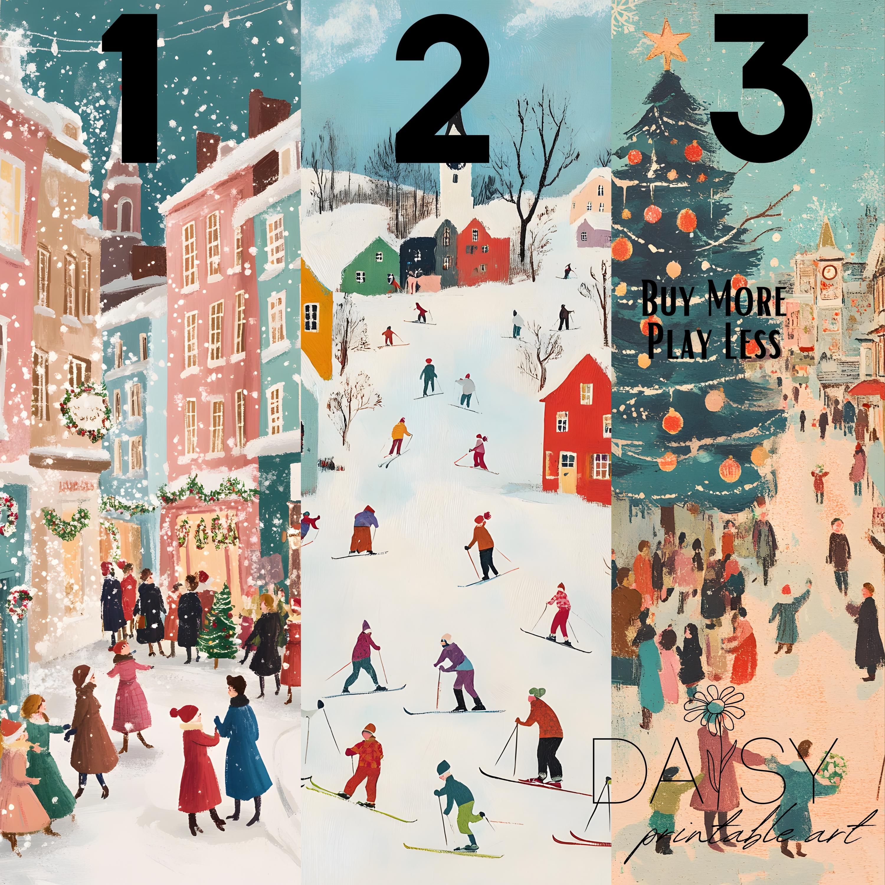 3 Set Wall Art, Set of 3 Piece Wall Art, Winter Village Printable Wall ...