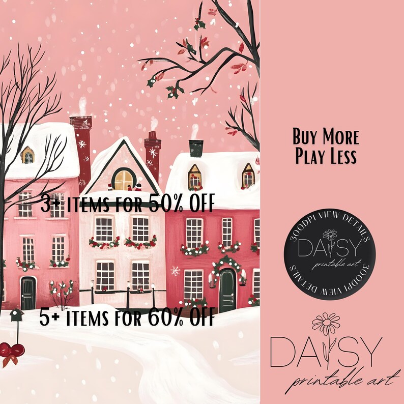 Pink Winter Village Christmas Art, Pastel Holiday Wall Art, Cute Xmas ...