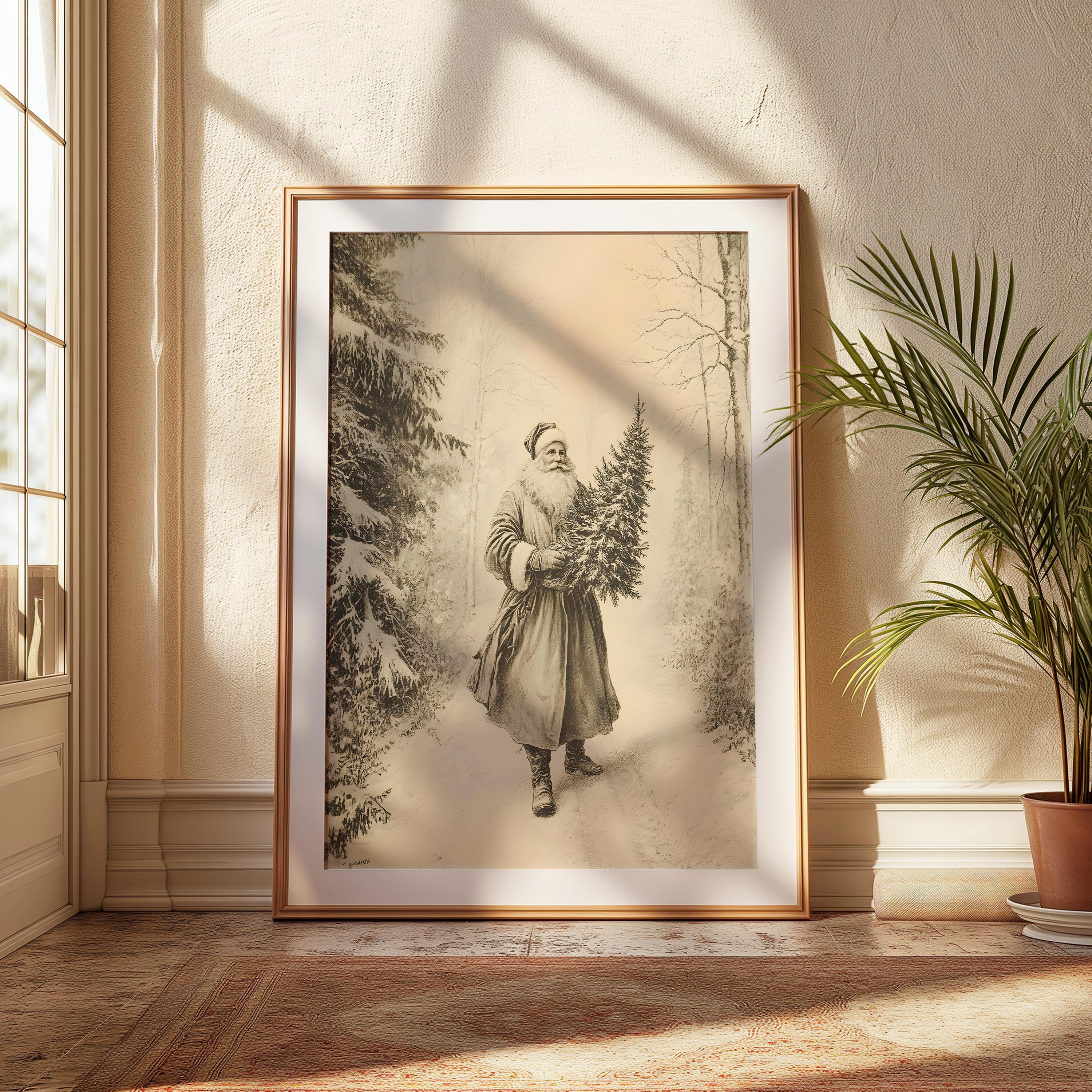 Vintage Christmas Santa Print, Neutral Santa Holding Tree Drawing ...