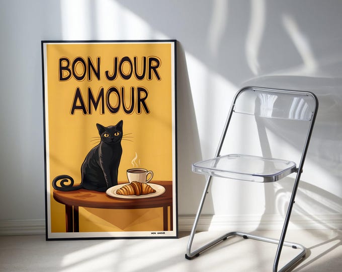 Le Chat Noir Poster: Bonjour Mon Amour Black Cat Beige Art Print - Etsy ...