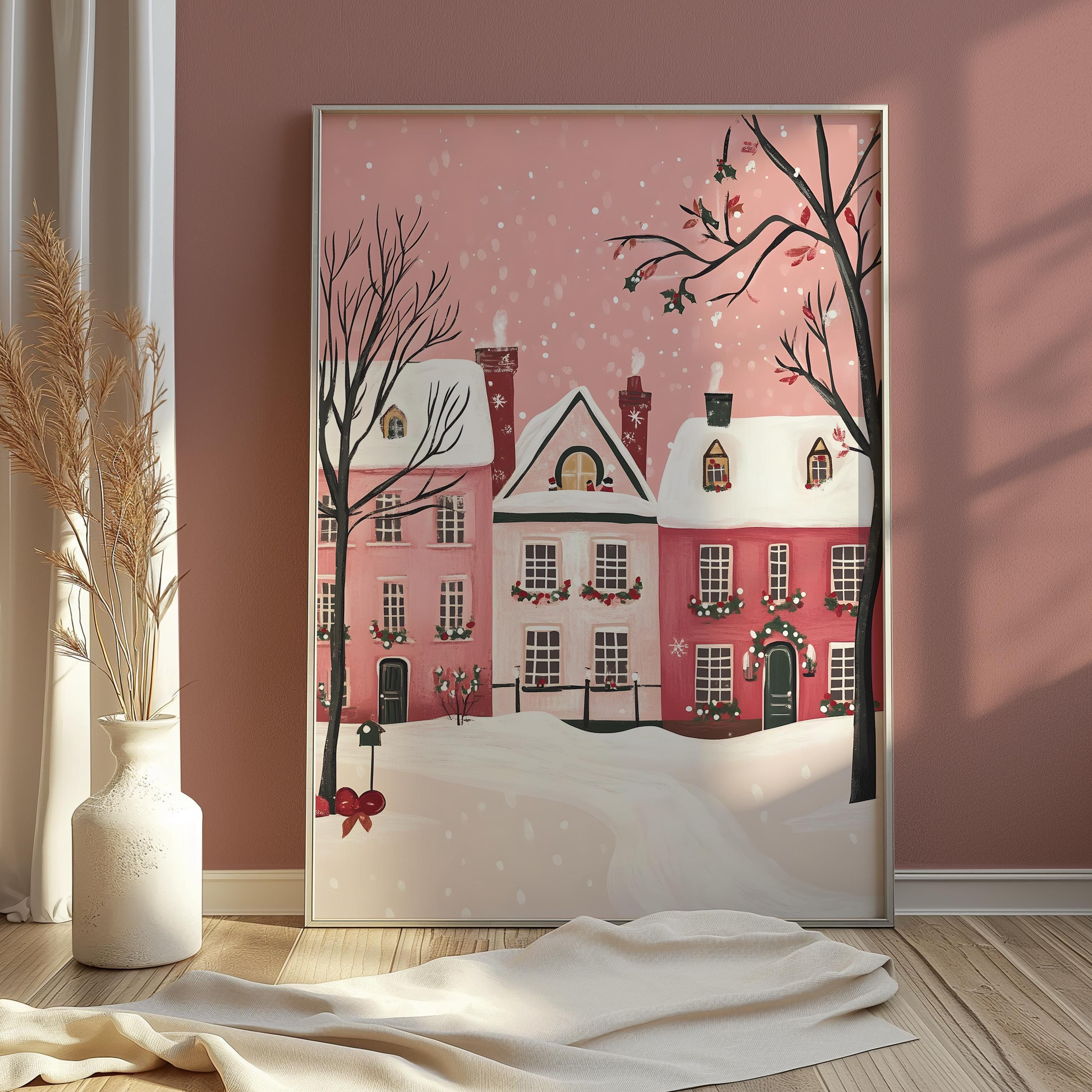 Pink Winter Village Christmas Art, Pastel Holiday Wall Art, Cute Xmas ...