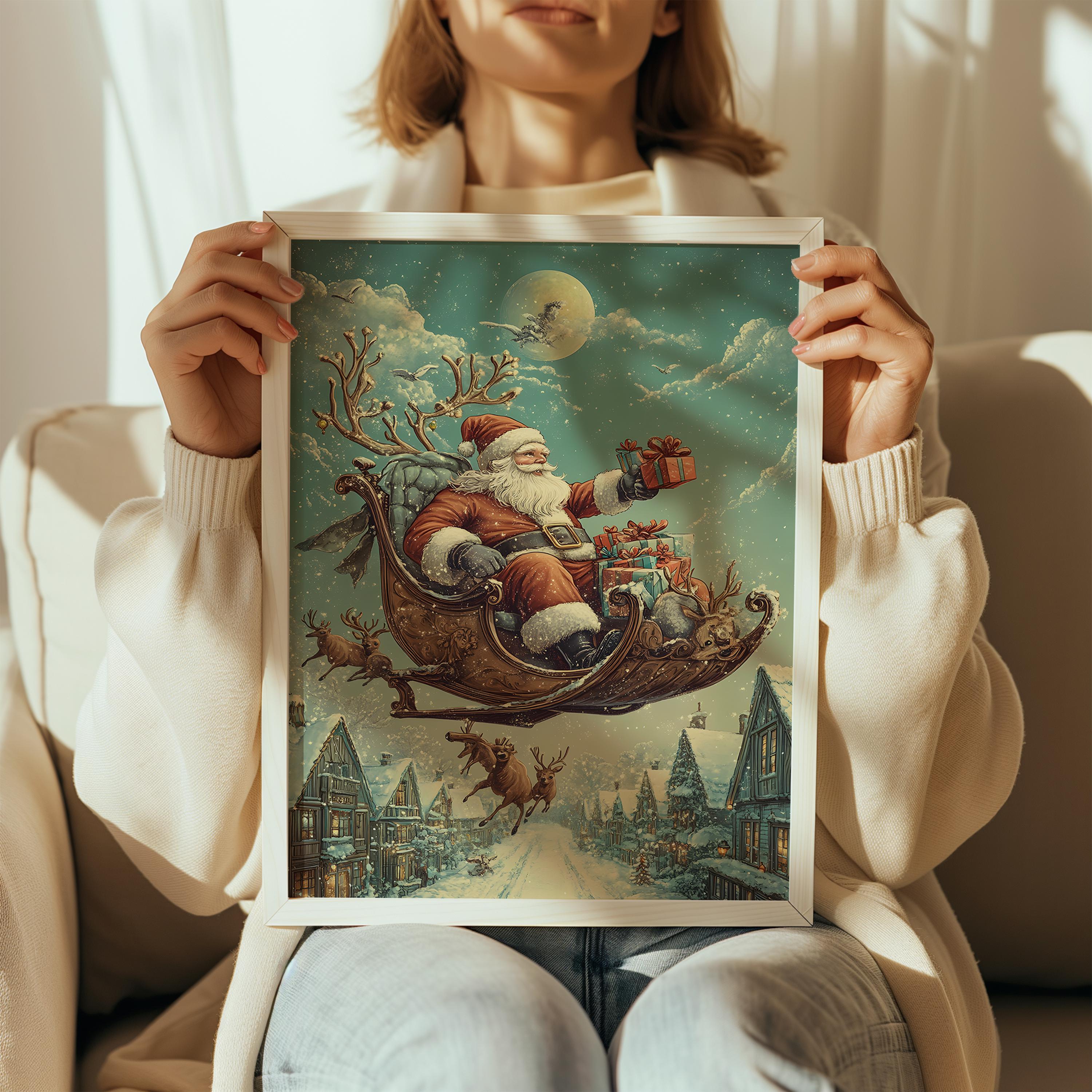 Santa Claus Print, Reindeer Painting, Christmas Decor, Santa's Sleigh ...
