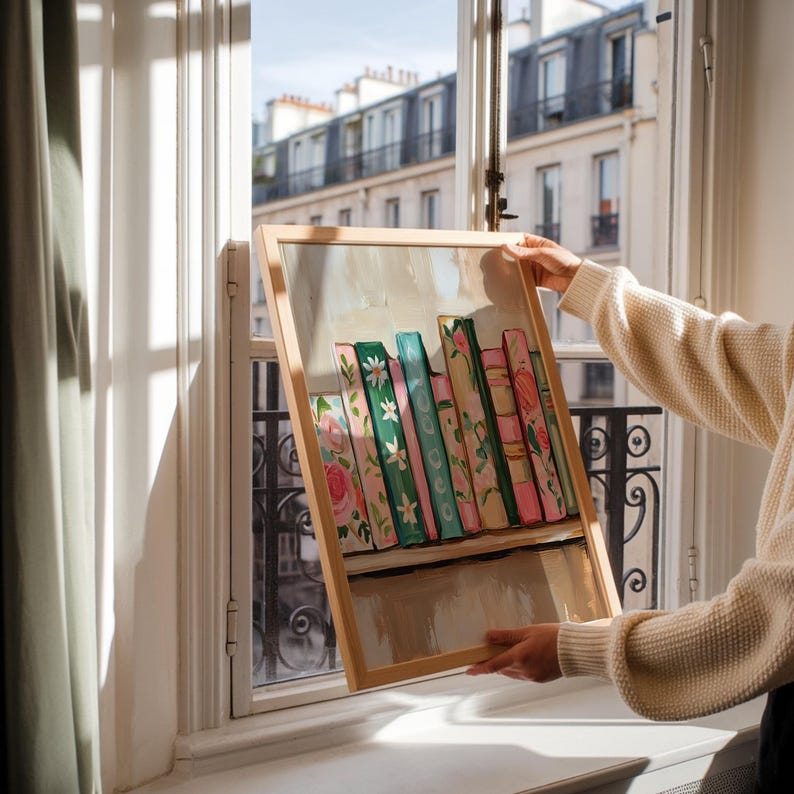 Pastel Book Stack Painting, Trendy Whimsical Bookshelf Wall Art ...