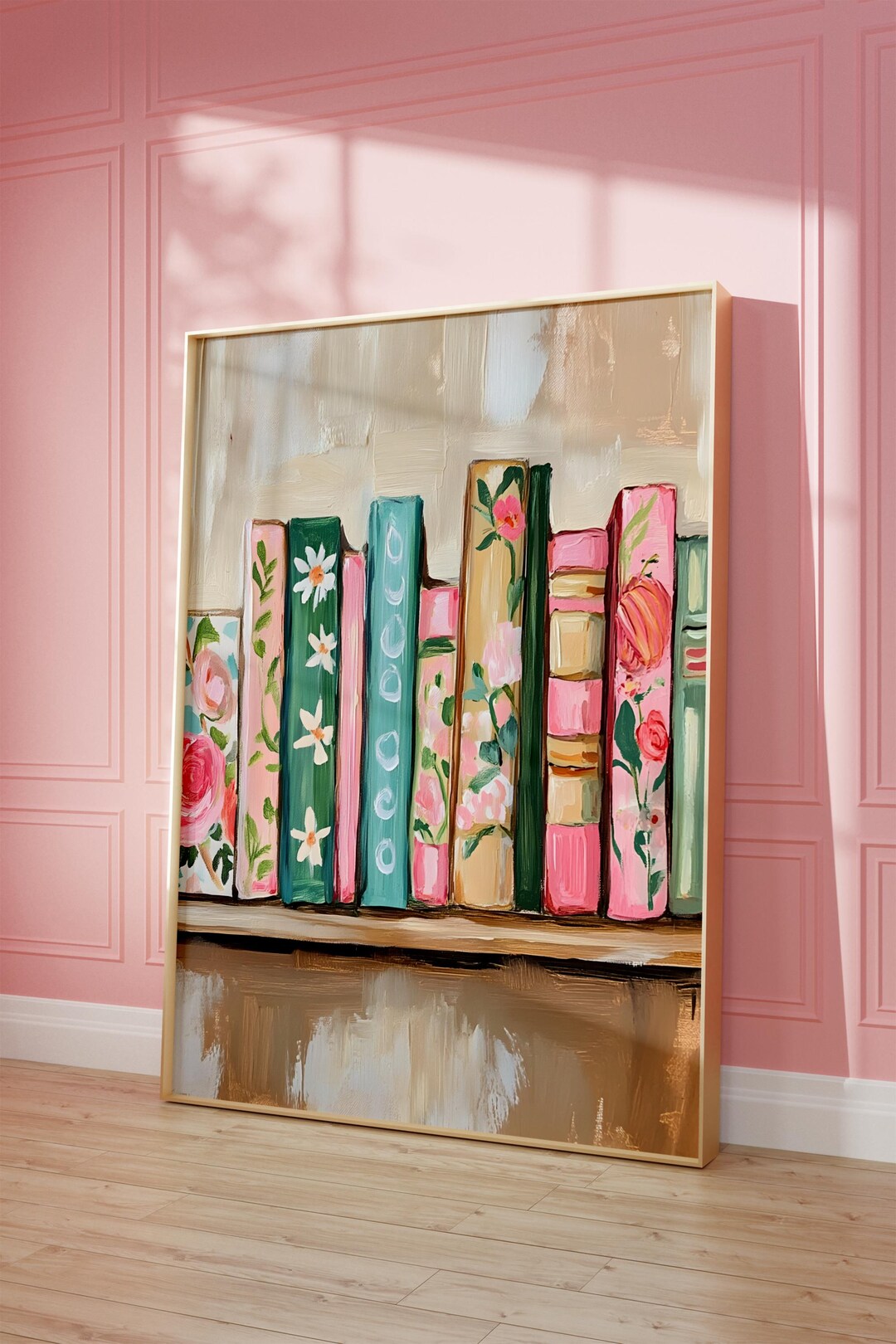 Pastel Book Stack Painting, Trendy Whimsical Bookshelf Wall Art ...