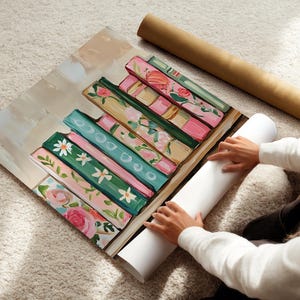 Pastel Book Stack Painting, Trendy Whimsical Bookshelf Wall Art ...