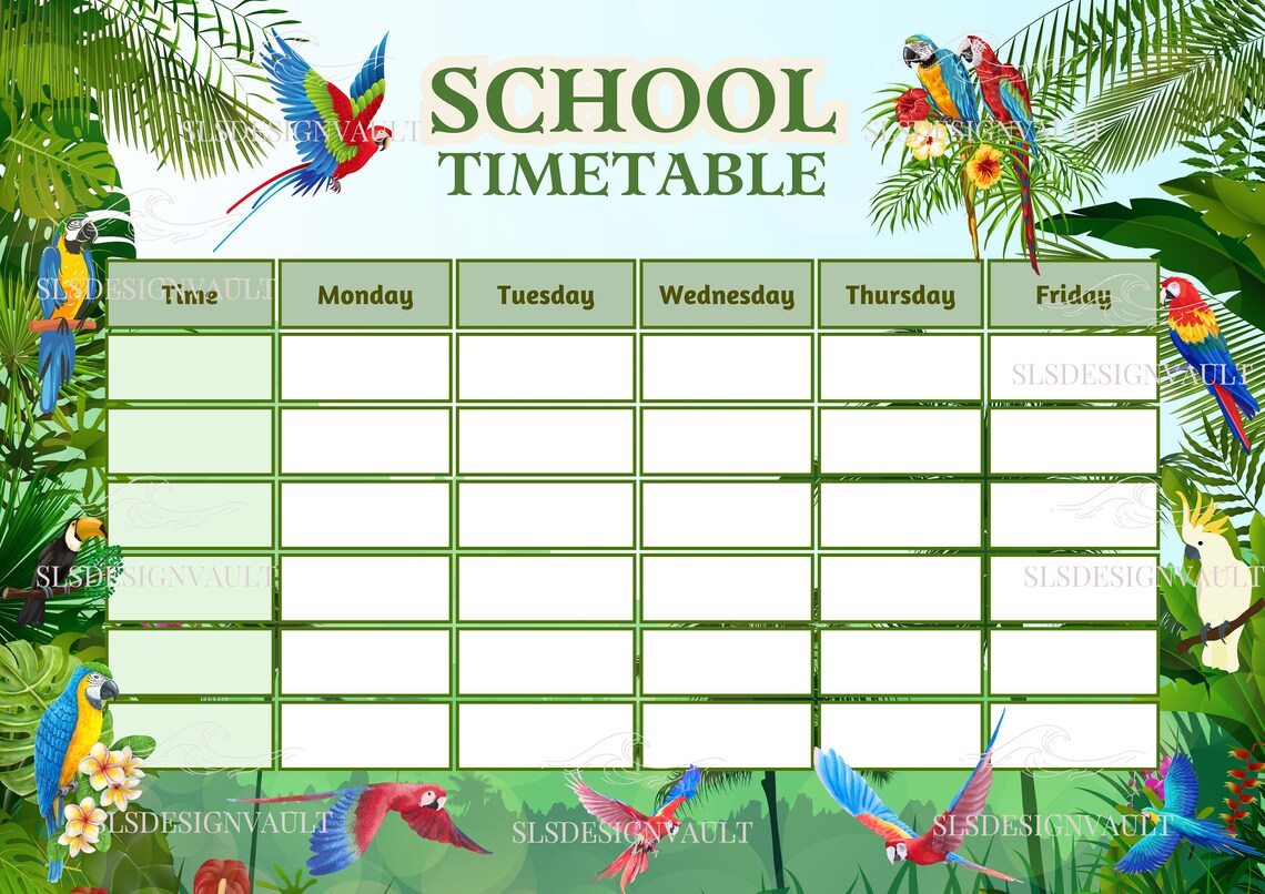 School Timetable - Rainforest Design With Parrots, Instant Digital ...