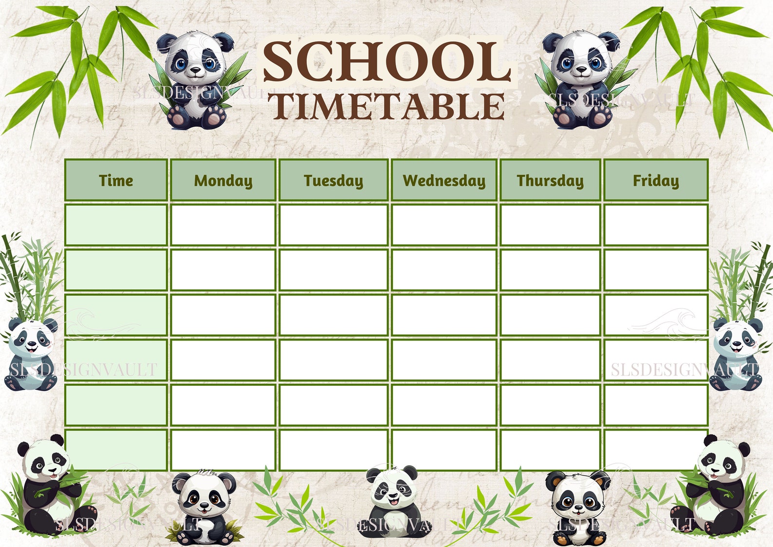 School Timetable With Cute Panda Bears, Instant Digital Download ...