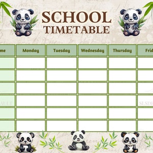 School Timetable With Cute Panda Bears, Instant Digital Download ...