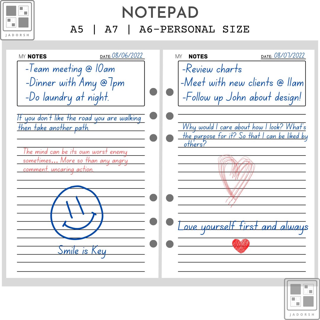 A5 Notepad A6 Notepad A7 Notepad Insert Planner Insert for 6 Ring ...