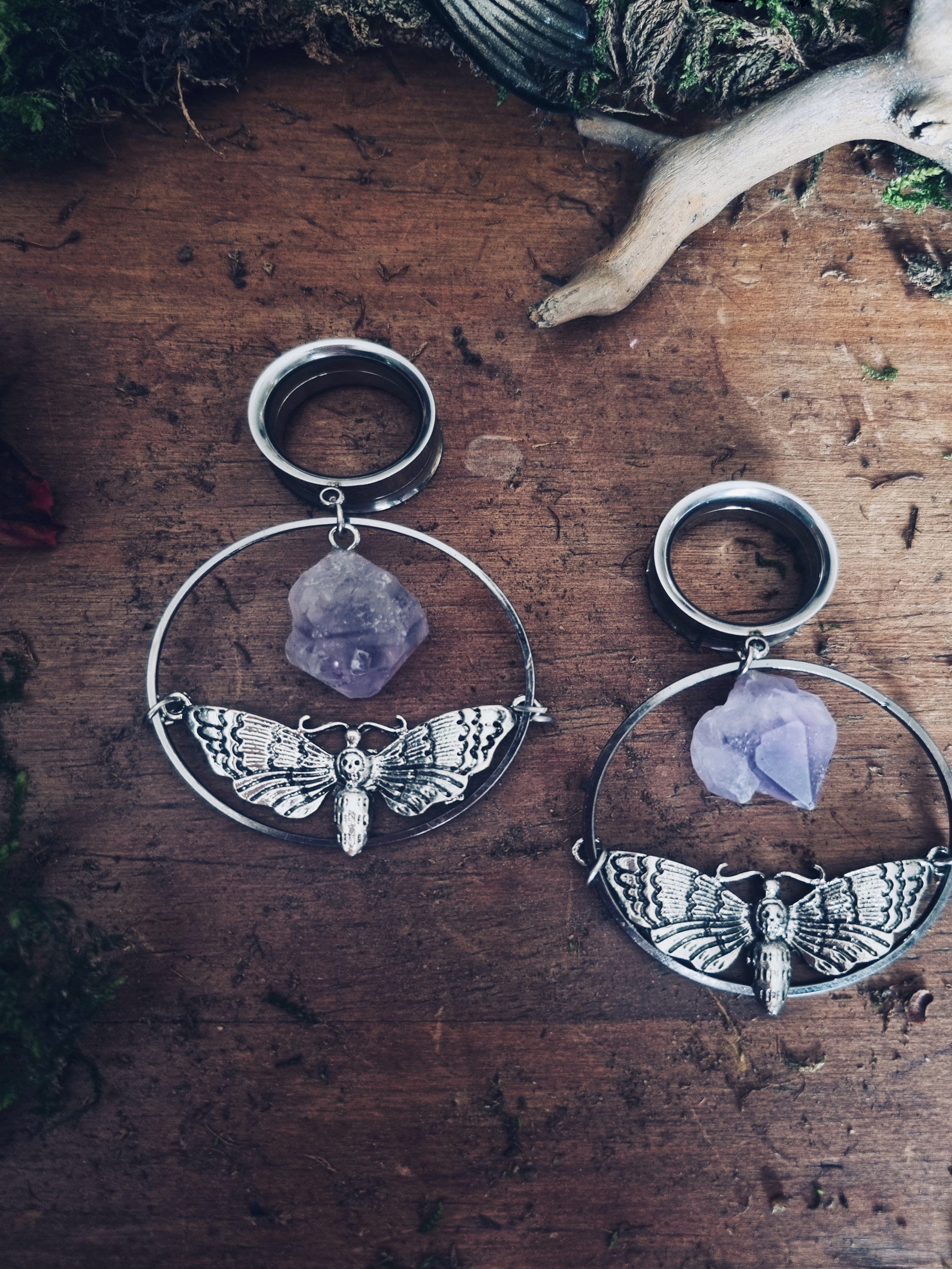 Amethyst Moth Earrings, Ear Gauges, Crystal Ear Plugs, Crystal Ear ...
