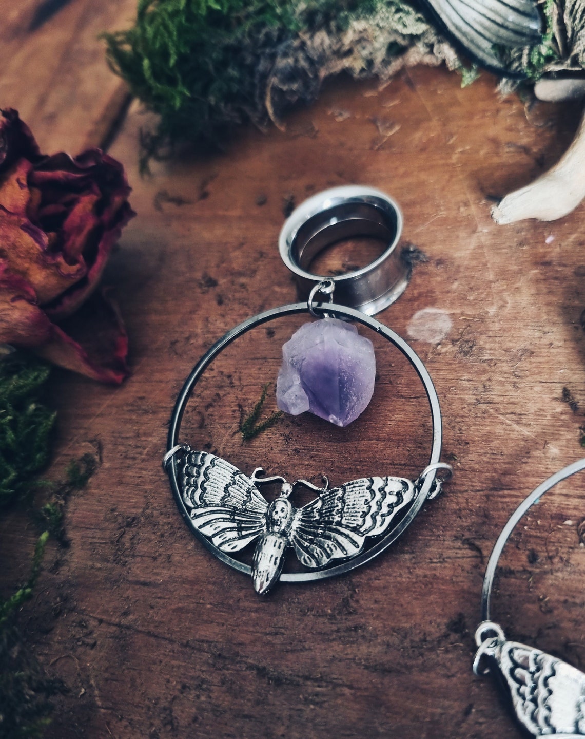 Amethyst Moth Earrings, Ear Gauges, Crystal Ear Plugs, Crystal Ear ...
