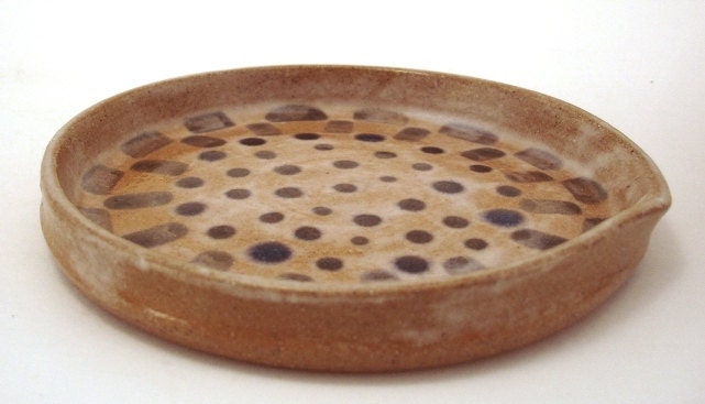 Stoneware Pottery Spoon Rest OOAK Tan Cobalt Blue Misty White Polk a ...