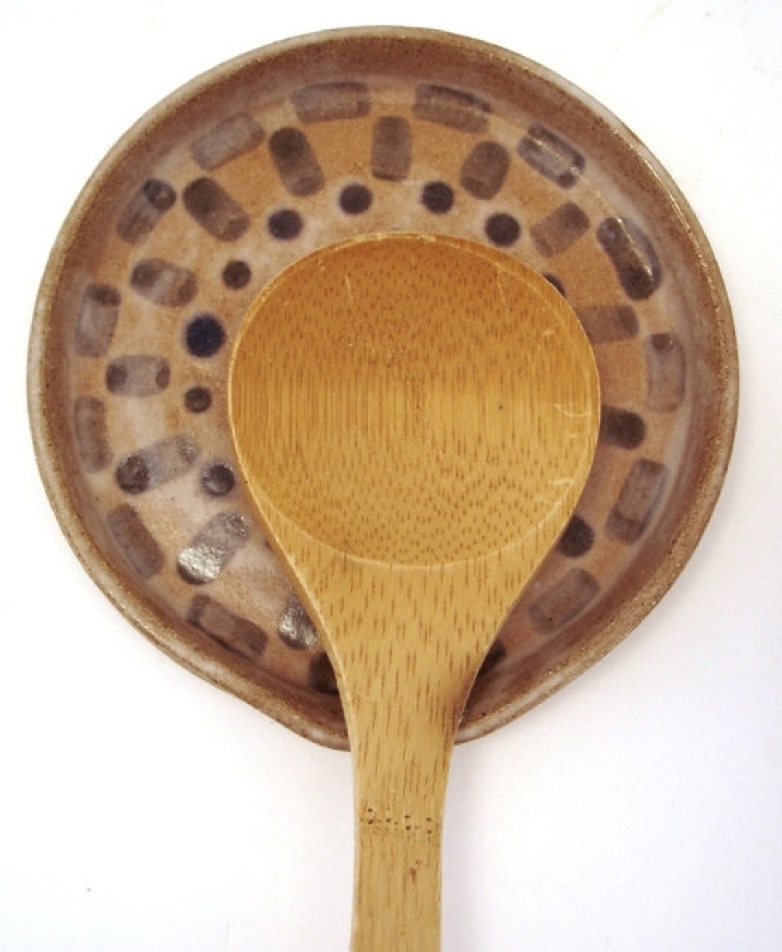 Stoneware Pottery Spoon Rest OOAK Tan Cobalt Blue Misty White Polk a ...