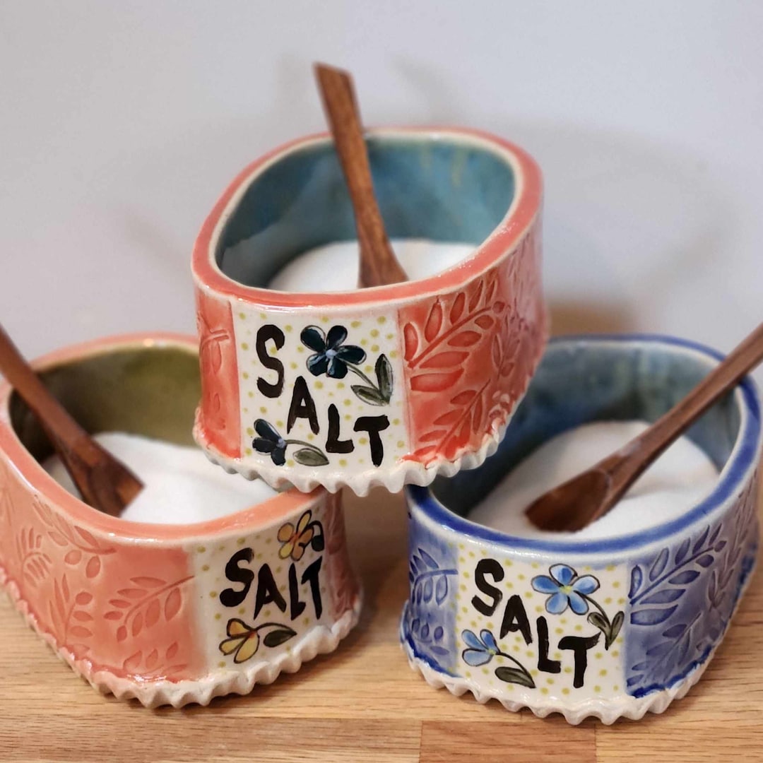 Hand Made Stoneware Pottery Salt Bowl Salt Cellar Salt Pig Hand Painted ...