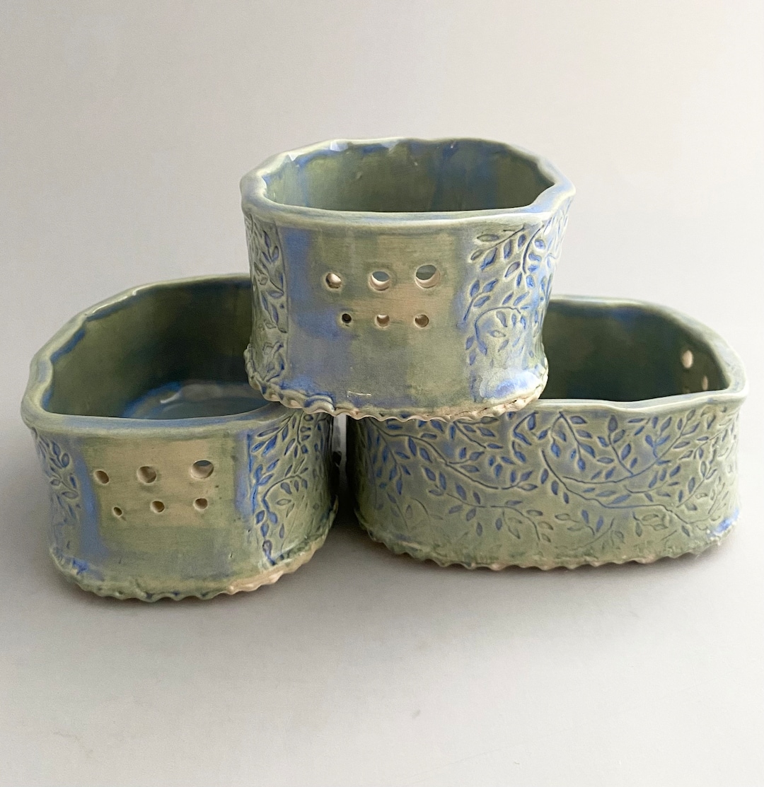 Hand Made Stoneware Pottery Herb Stripper Bowl Light Blue & Green ...