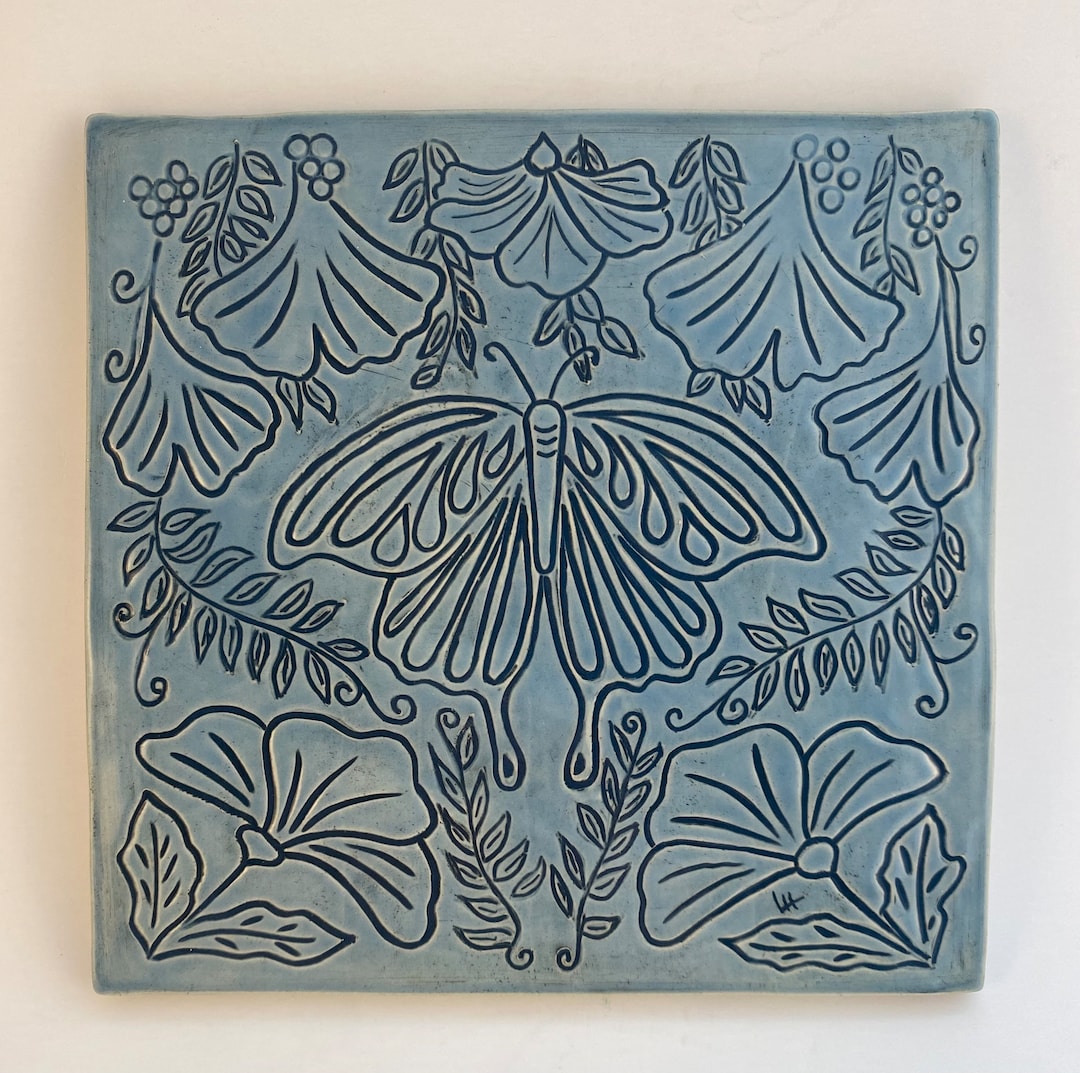 Sgraffito Art Nouveau Style Stoneware Pottery Blue Ceramic Art Tile ...