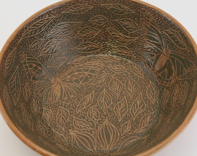 Wheel Thrown Stoneware Pottery Sgraffito Carved Bowl Green Leaves ...