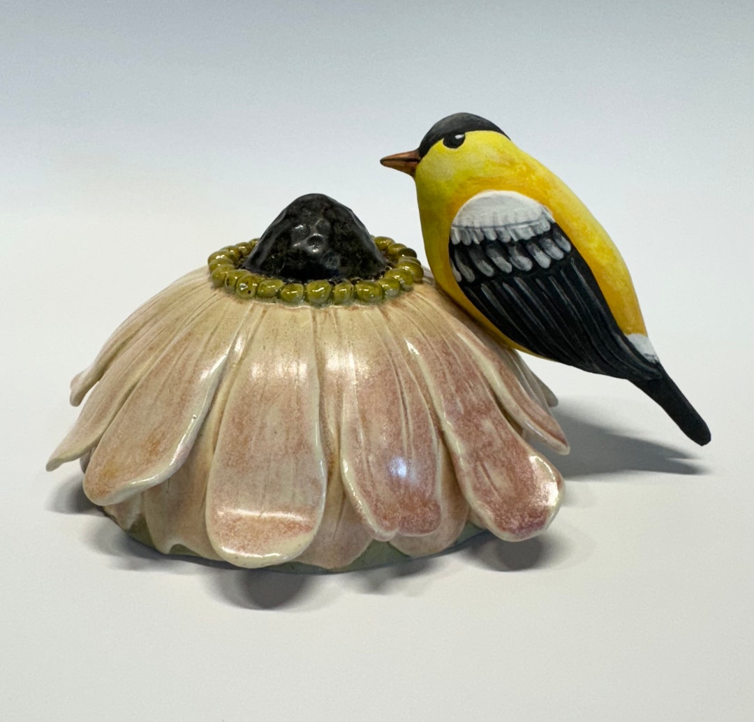 Hand Sculpted Ceramic American Goldfinch Bird Sitting on Pale Pink Cone ...