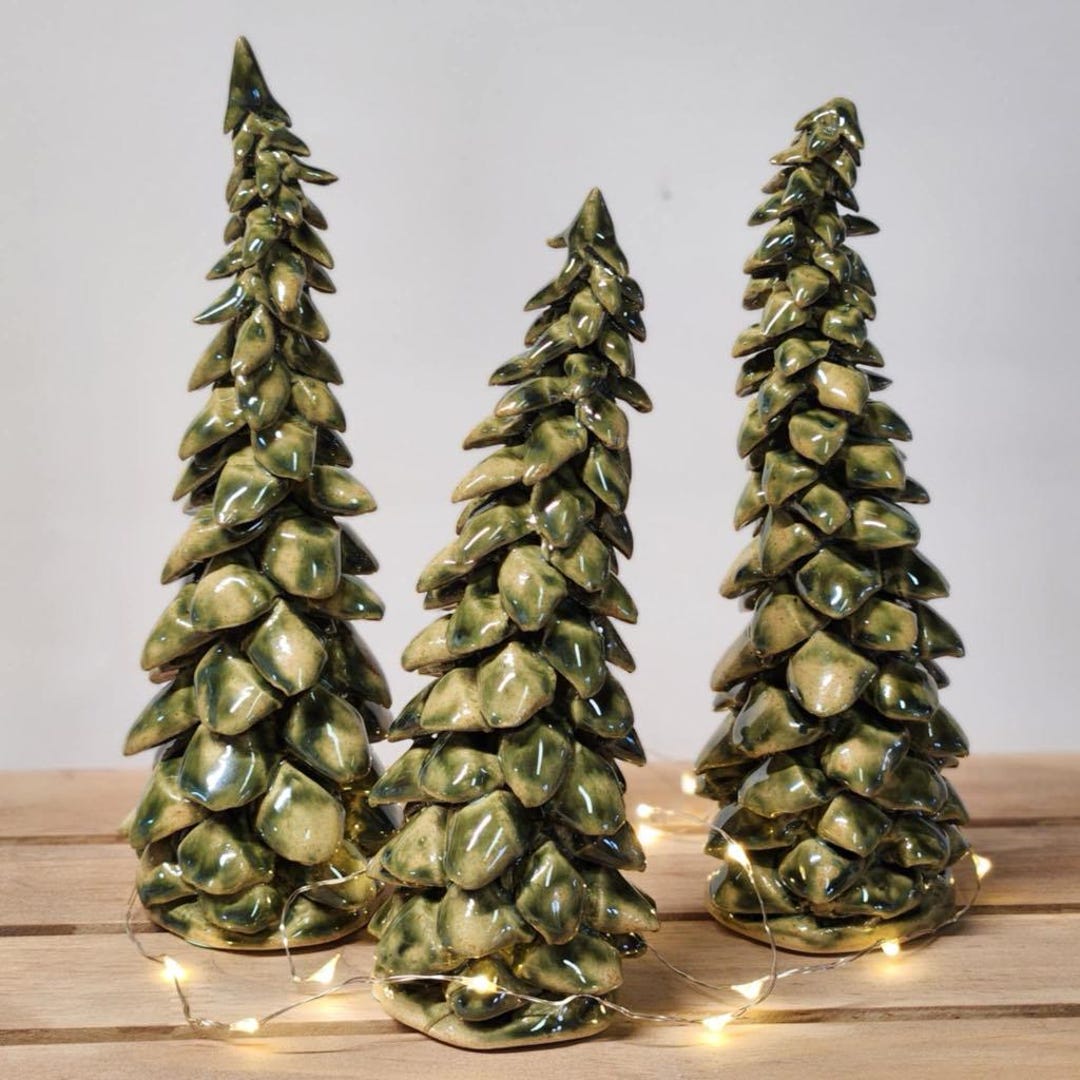 Hand Made Ceramic Stoneware Pine Trees Set of 3 Holiday Decorating ...